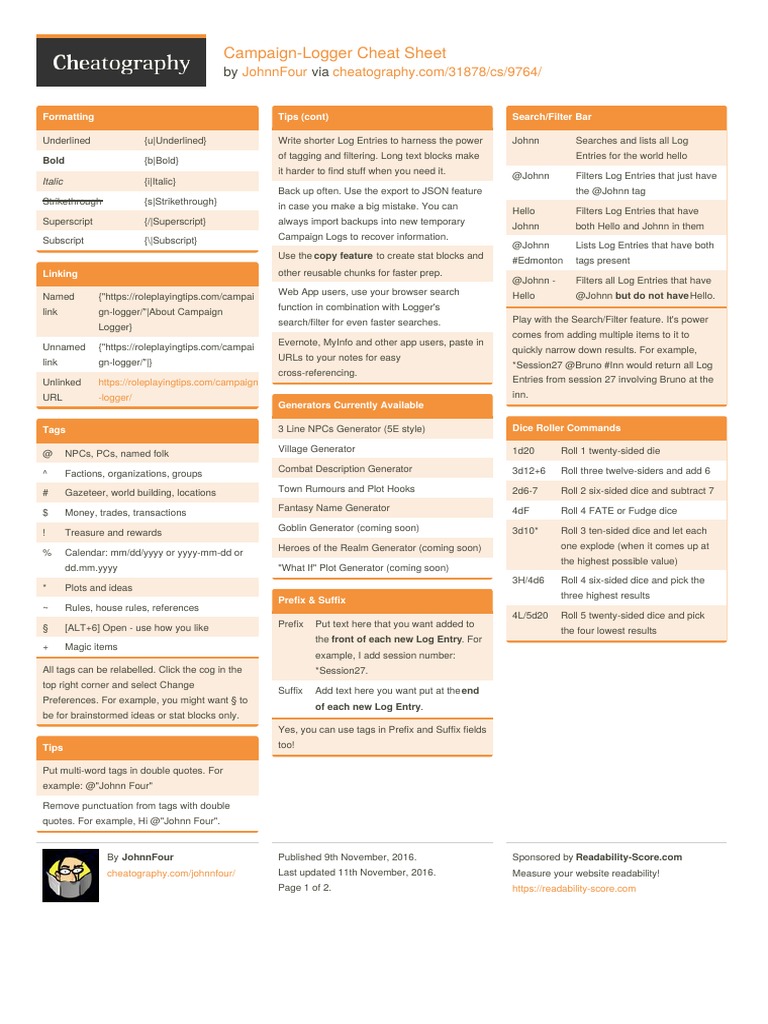 Campaign-Logger Cheat Sheet: by Via | Download Free PDF | Dice | Computing