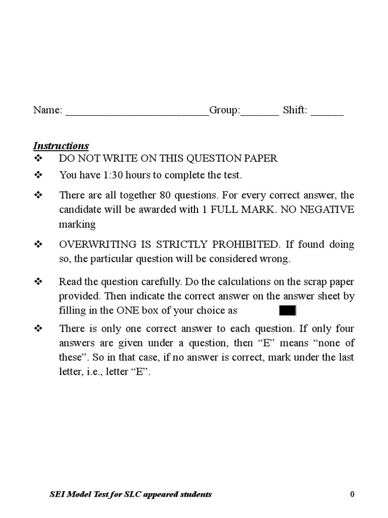 Instructions: SEI Model Test For SLC Appeared Students | PDF | Ion ...