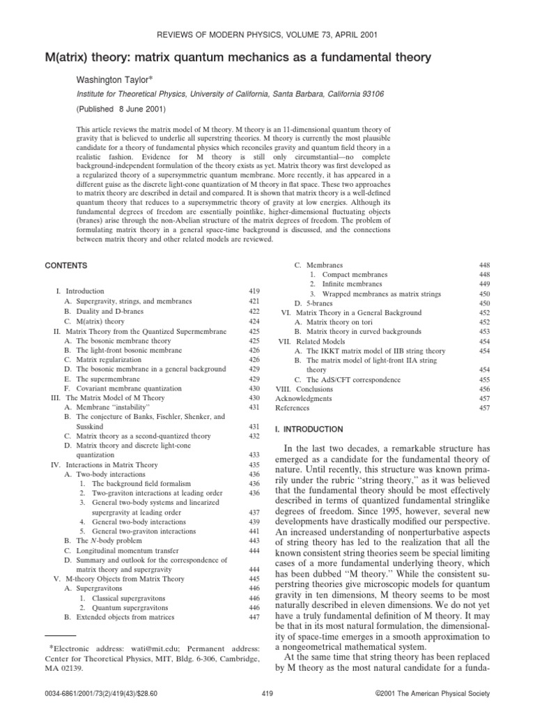 M Atrix Theory Matrix Quantum Mechanics As Fundamental Theory | PDF | String Theory | Quantum ...