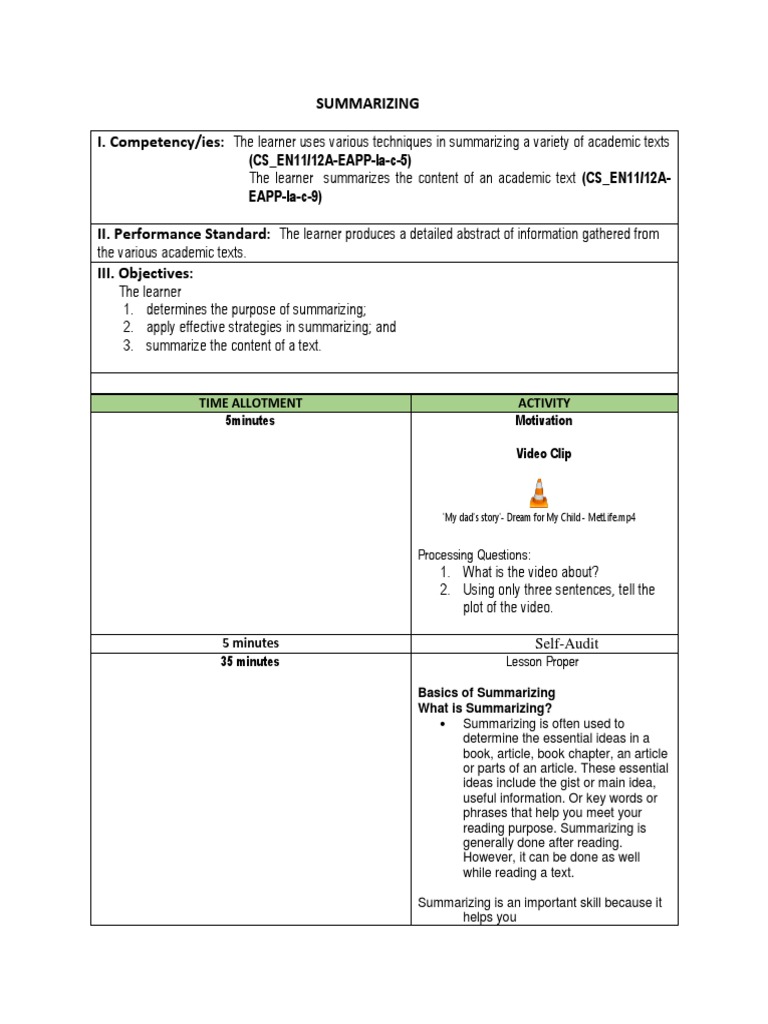 Lesson Plan For Summarizing | PDF | Literacy | Books