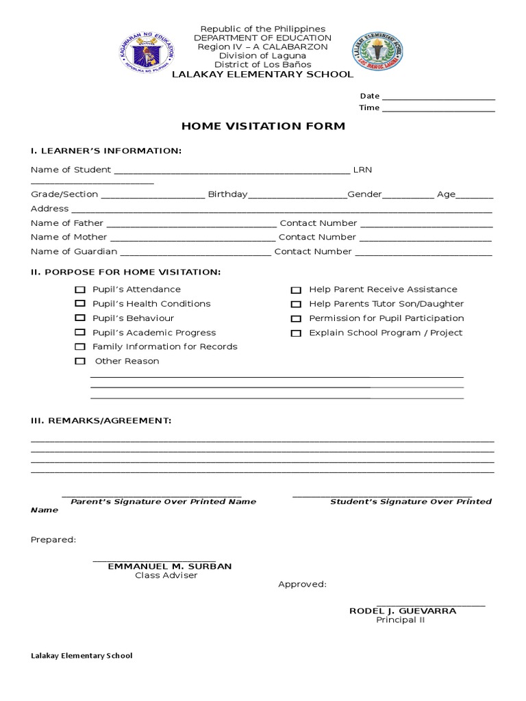 Home Visitation Form: Lalakay Elementary School | PDF | Students ...
