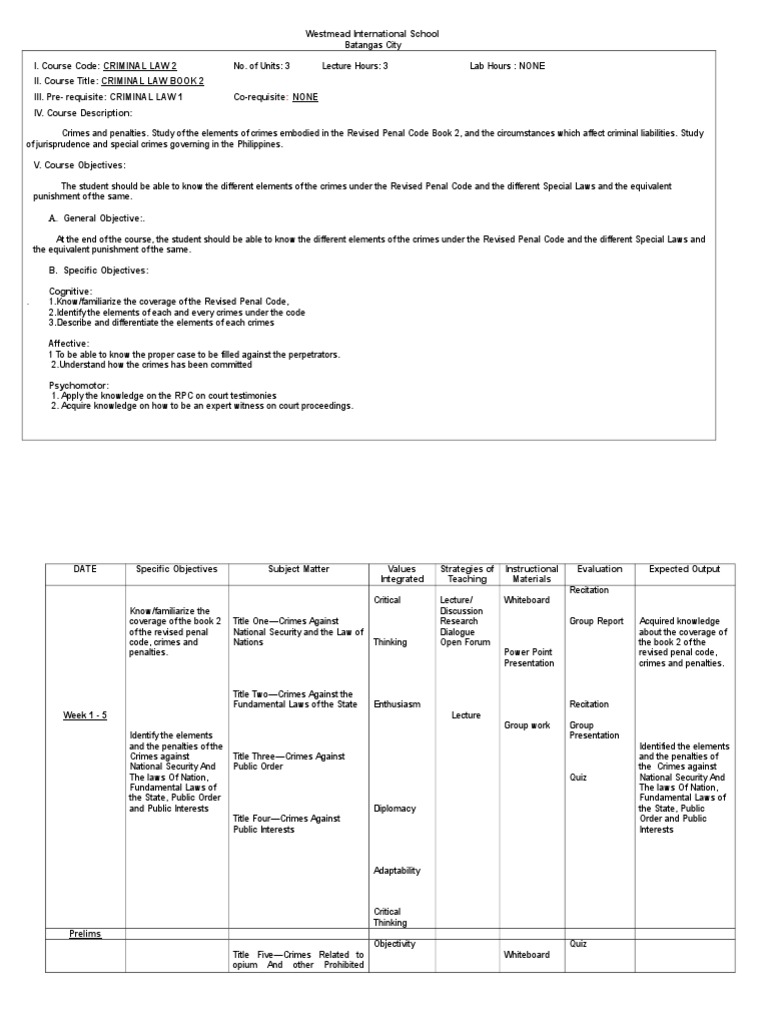 Syllabus Crim Law 2 | PDF | Crime & Violence | Crime Thriller