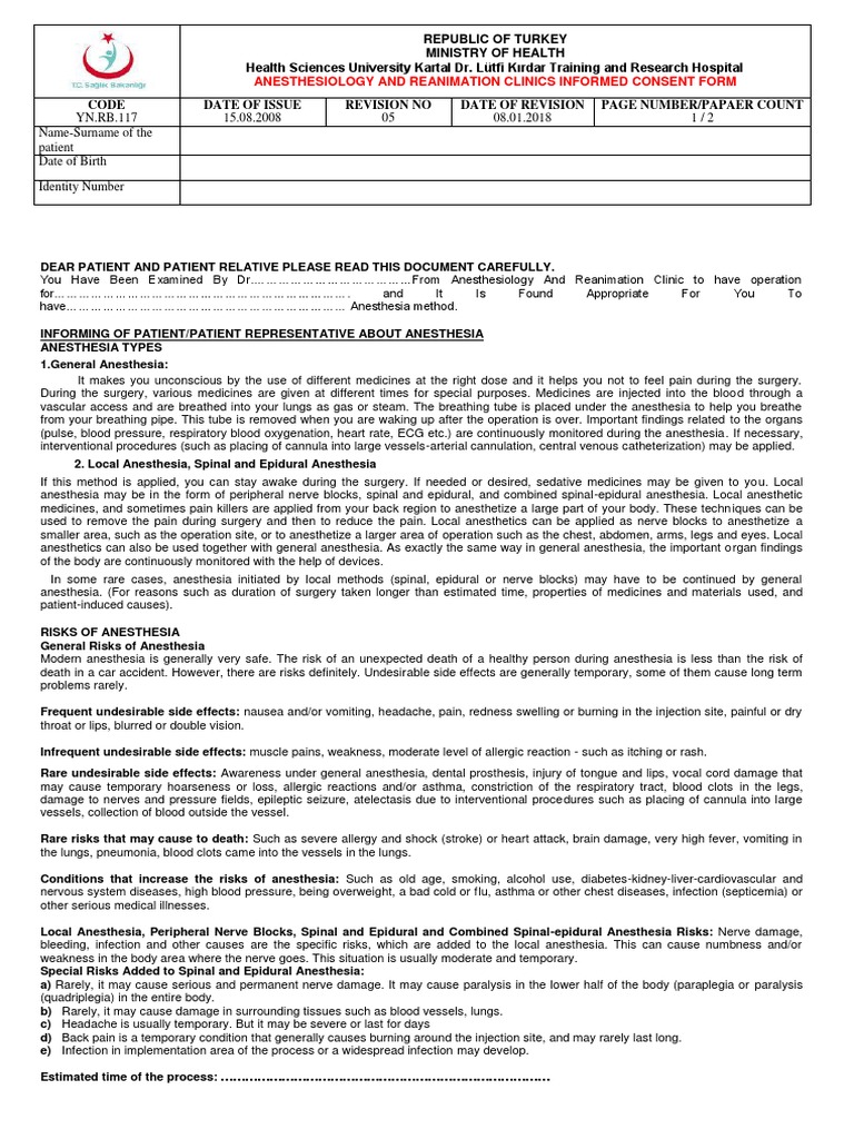 Anesthesiology and Reanimation Clinics Informed Consent Form | PDF ...
