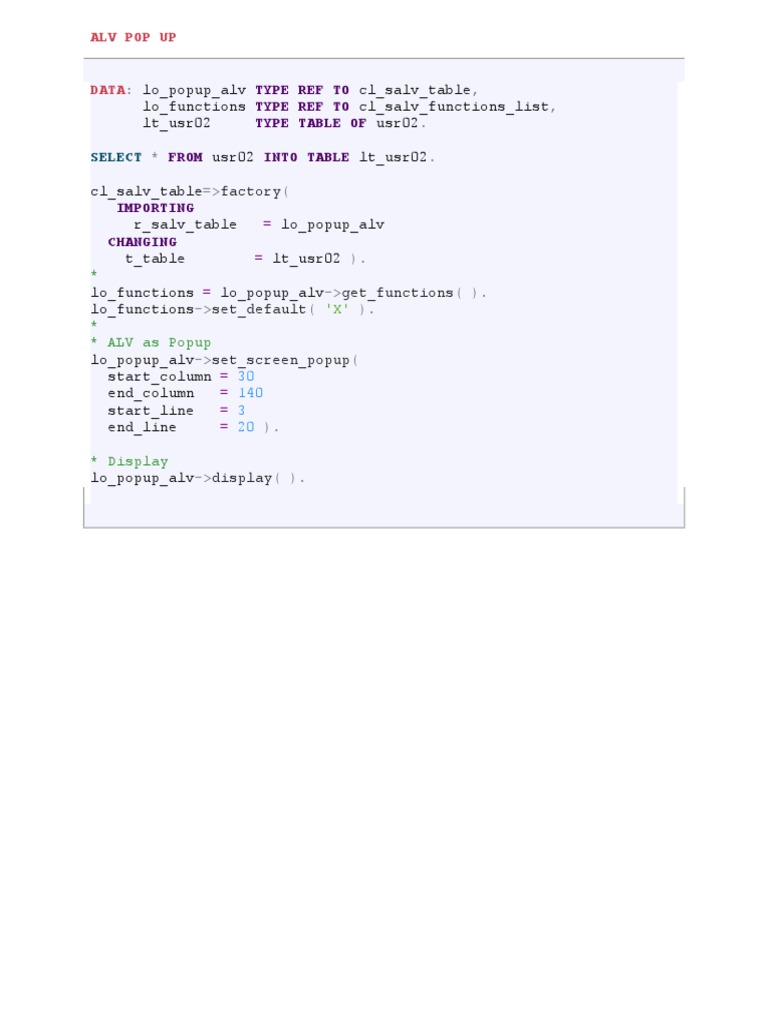 ALV Pop Up Example SAP ABAP