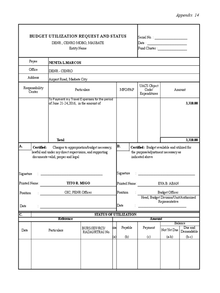 Budget Utilization Request and Status: Nenita L.Marcos | PDF ...