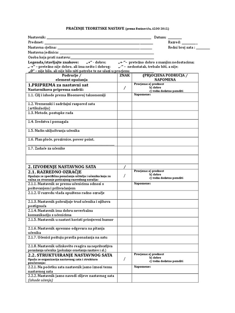 OBRAZAC KO Za Praćenje Nastave | PDF