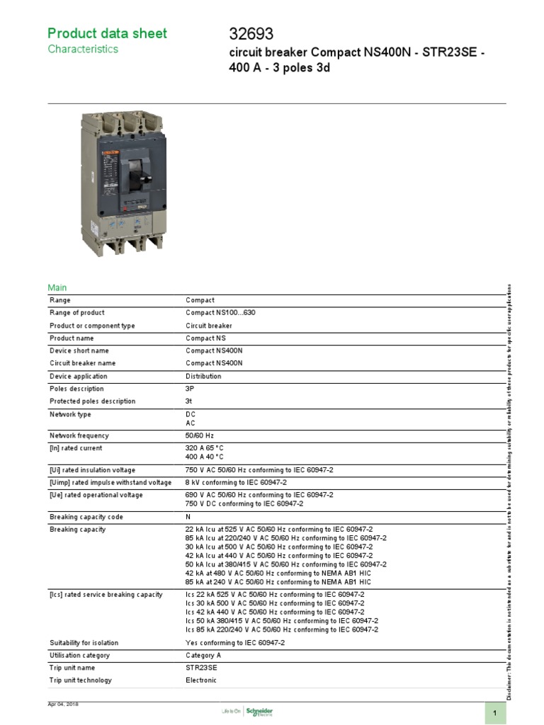 Product Data Sheet: Circuit Breaker Compact NS400N - STR23SE - 400 A - 3 Poles 3d | PDF ...