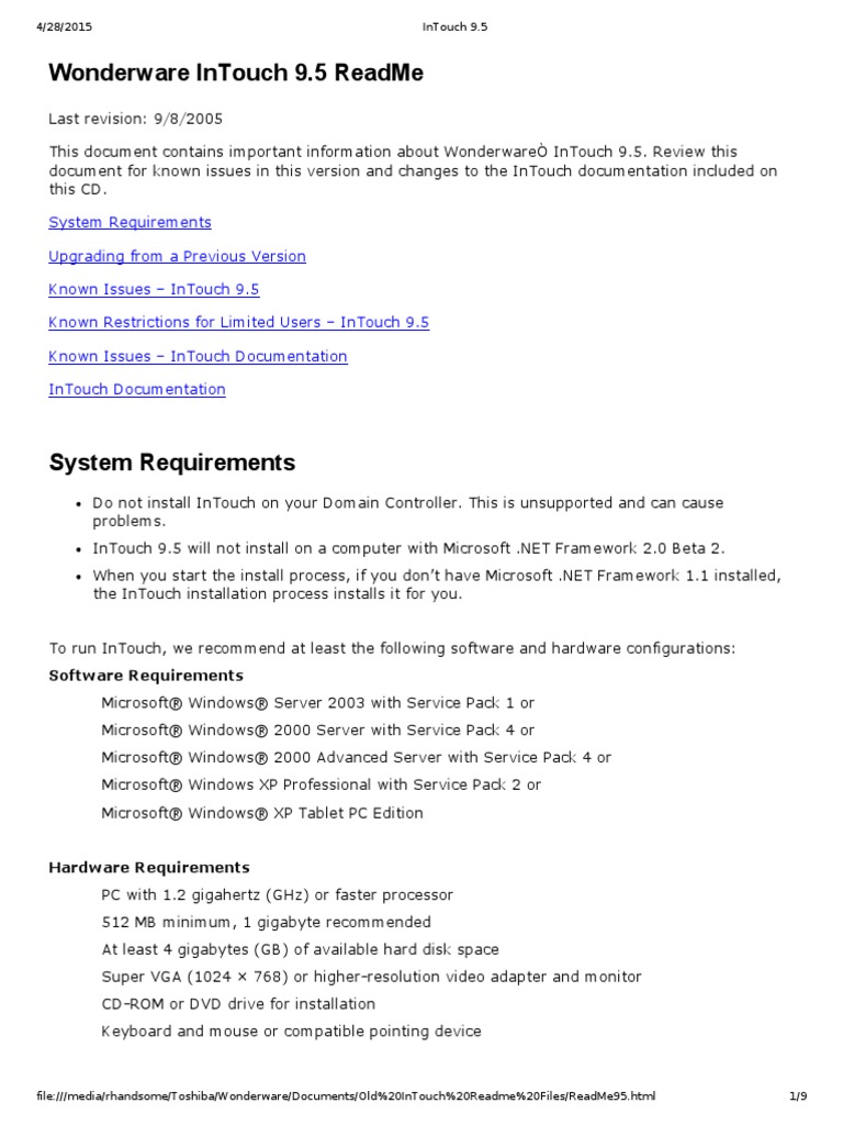 Wonderware InTouch 9.5 Readme PDF | PDF | Remote Desktop Services | Windows Server 2003