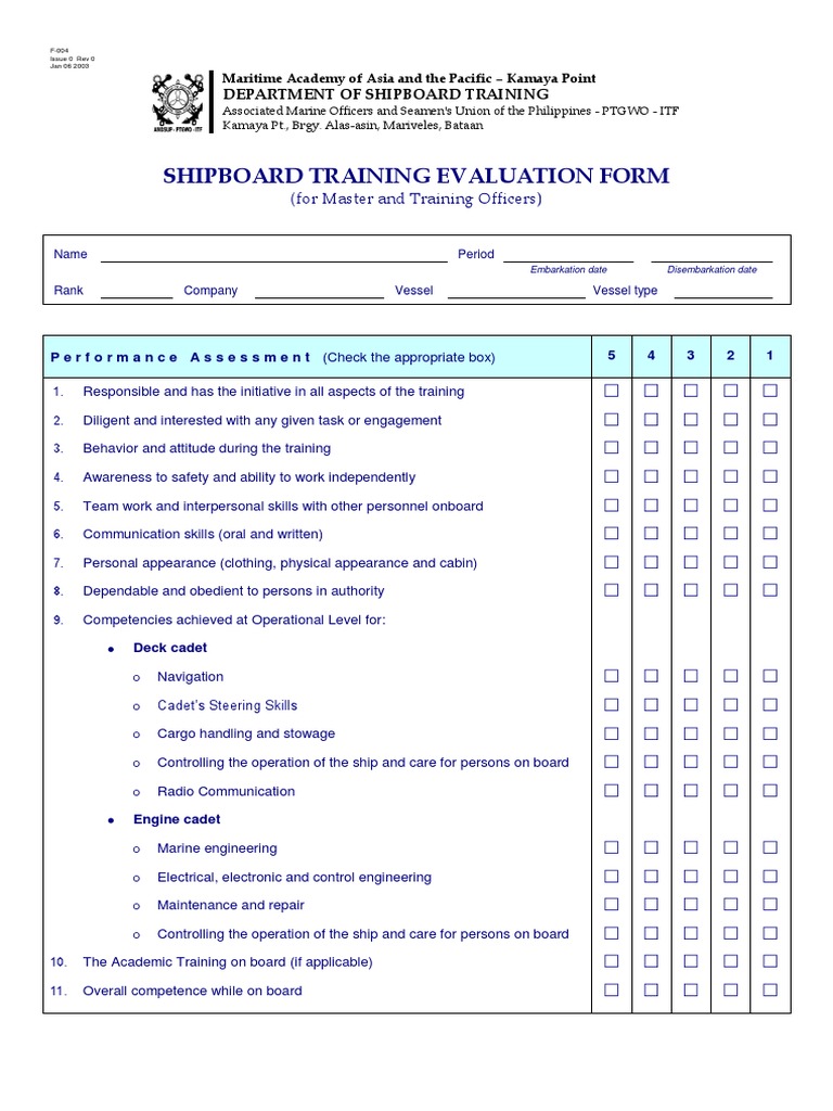 Shipboard Training Evaluation Form (For Masters and Training Officers) | PDF
