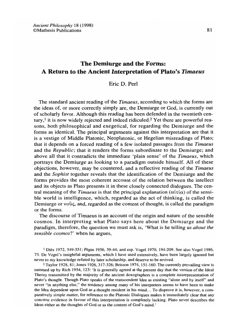 Eric D. Perl - The Demiurge and The Forms. A Return To The Ancient ...
