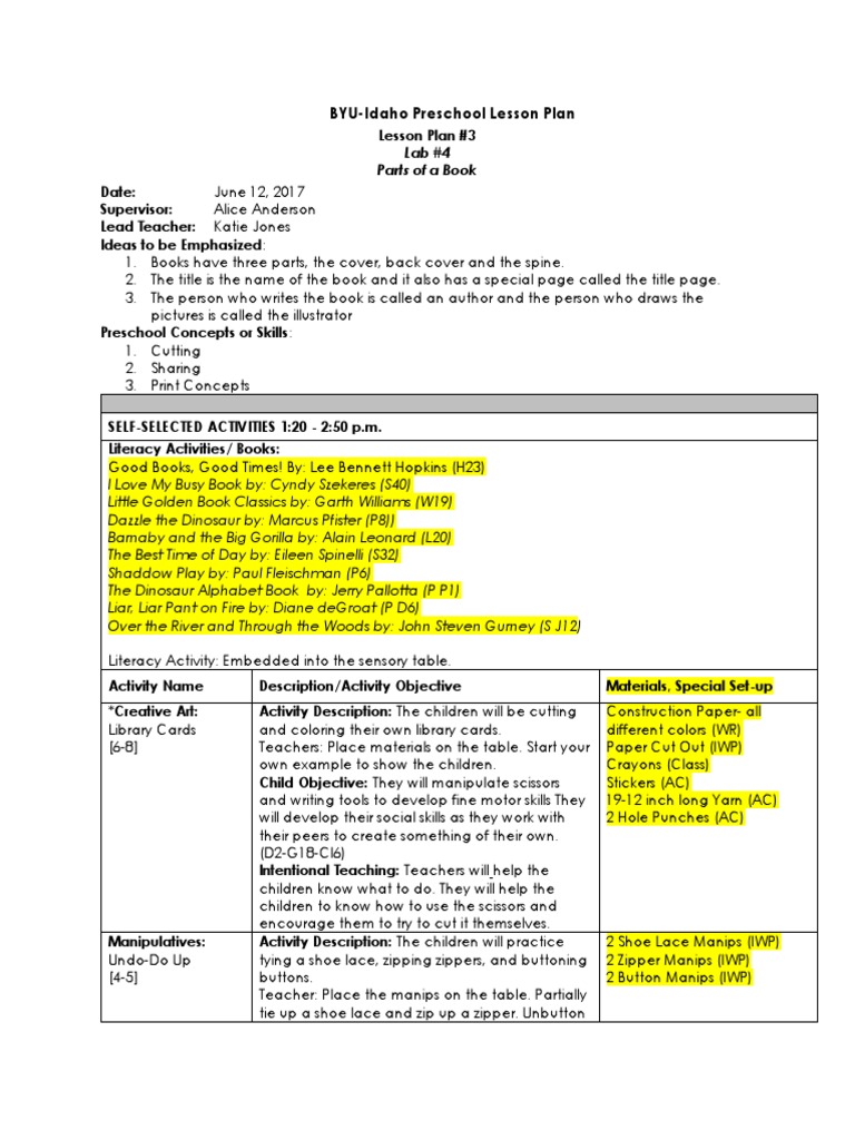 BYU-Idaho Preschool Lesson Plan: Lab #4 Parts of A Book | PDF | Books