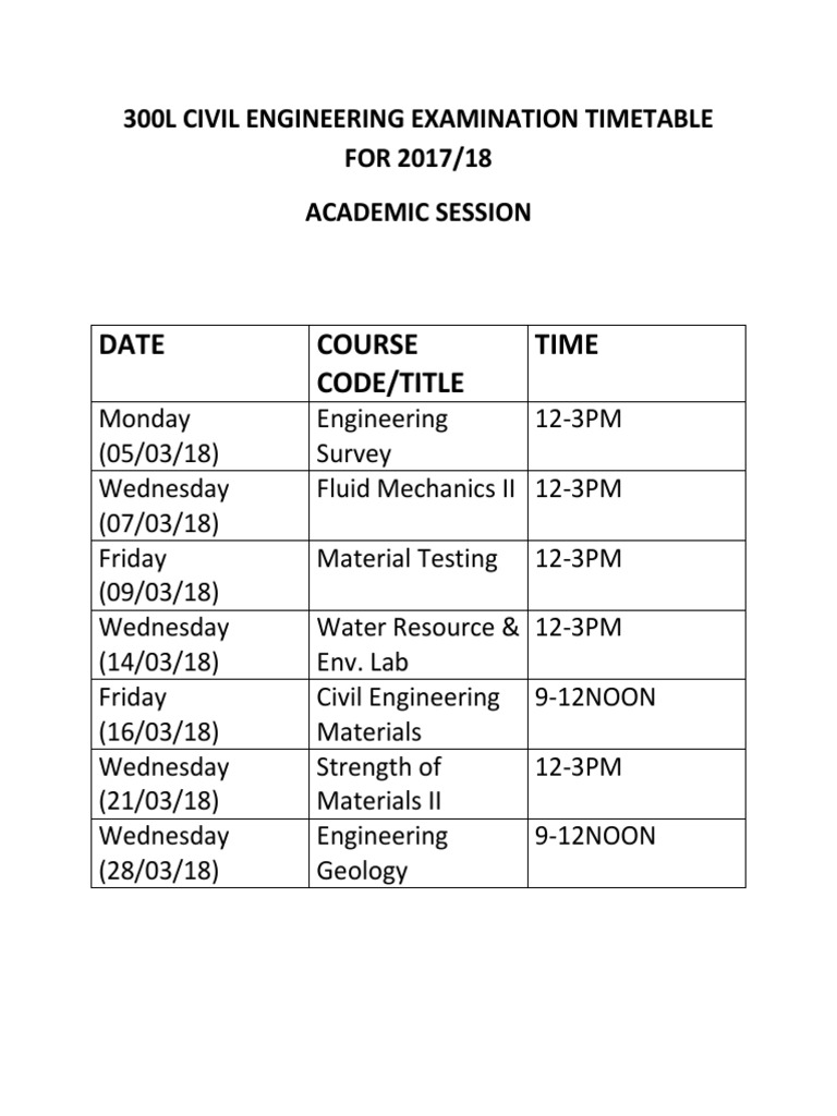 Date Course Code/Title Time: 300L Civil Engineering Examination ...