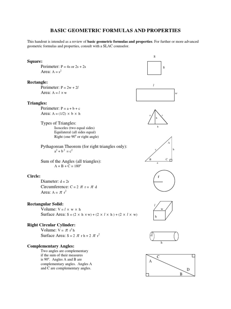Geometric Formulas and Angle Properties | PDF | Area | Angle