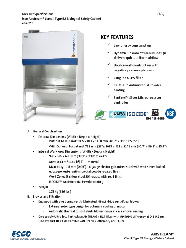 Esco Airstream Class II B2 Cabinet Specs | PDF | Manufactured Goods ...