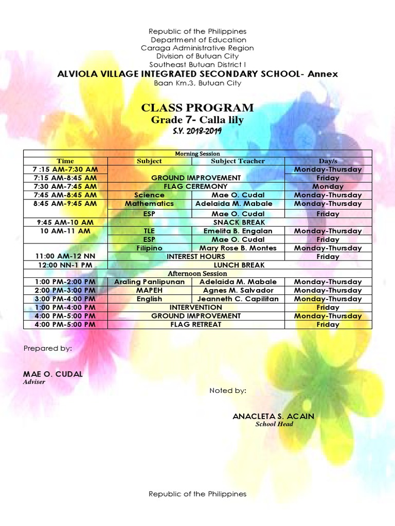 Class Program: Grade 7-Calla Lily | PDF | Behavior Modification | Learning
