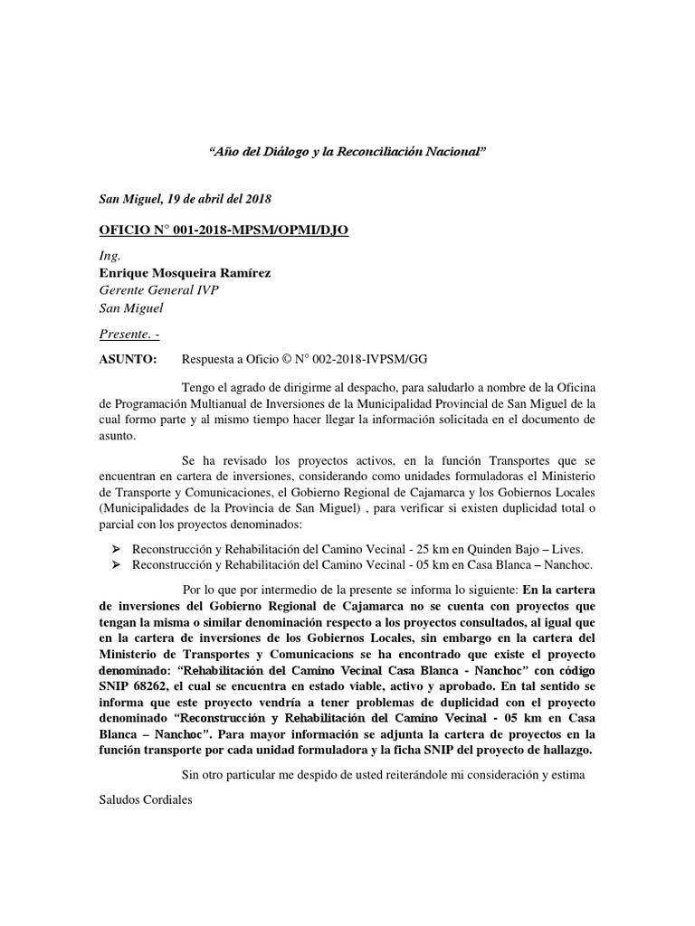 OFICIO #001 - 2018 Respuesta IVP | PDF | Gobierno