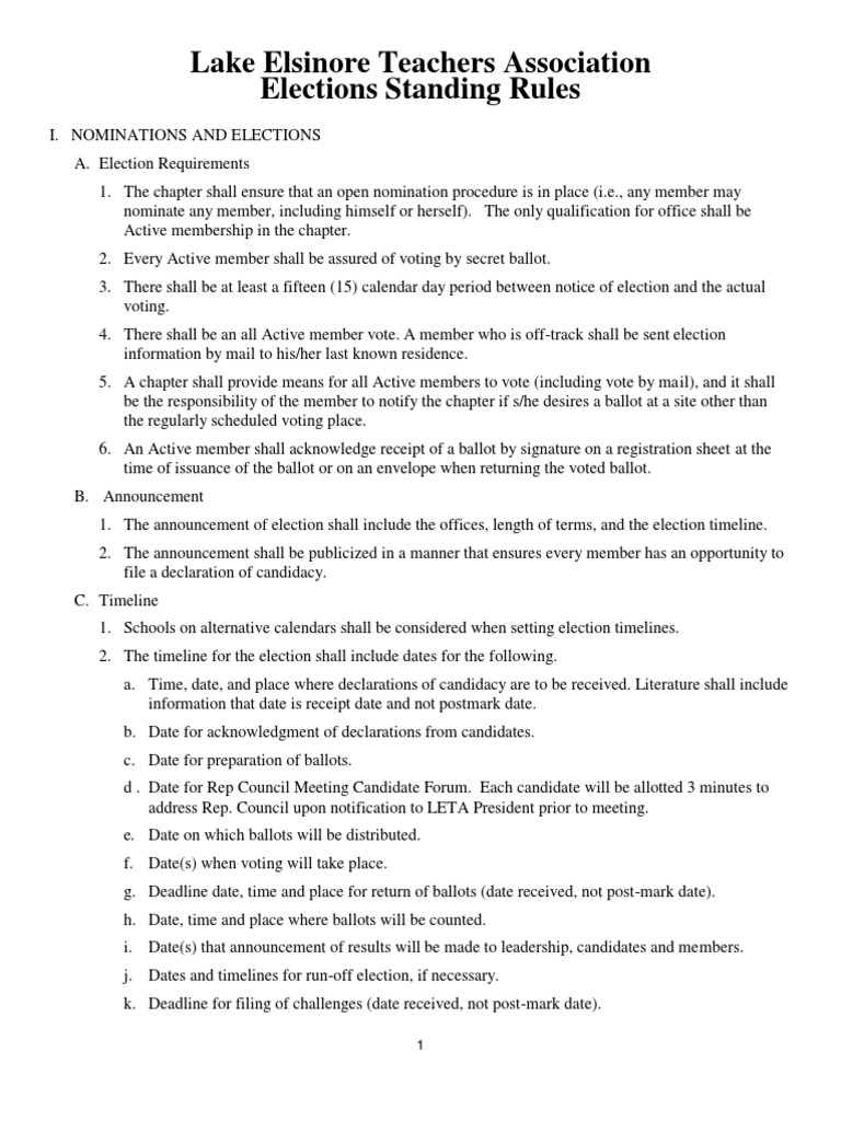 Lake Elsinore Teachers Election Rules | PDF | Voting | Elections