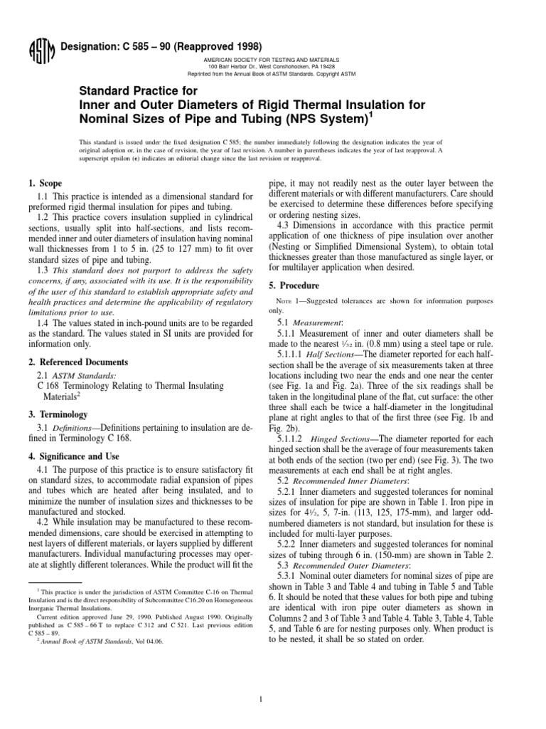 Inner and Outer Diameters of Rigid Thermal Insulation For Nominal Sizes ...