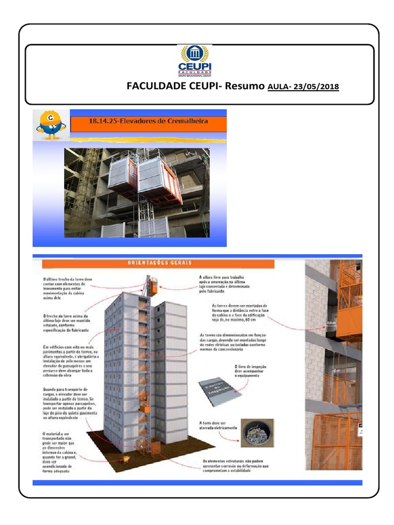 RESUMO AULA-NR 18 - Elevadores Cremalheira, Plataforma Cremalheira | PDF | Engenharia | Livros