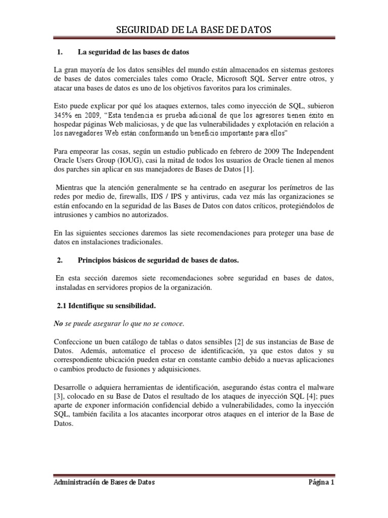 Seguridad de Base de Datos Principios | PDF | SQL | Bases de datos