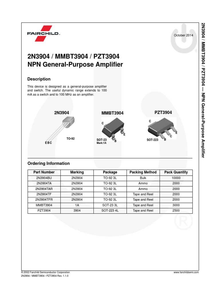 2N3904 Datasheet | PDF | Bipolar Junction Transistor | Amplifier