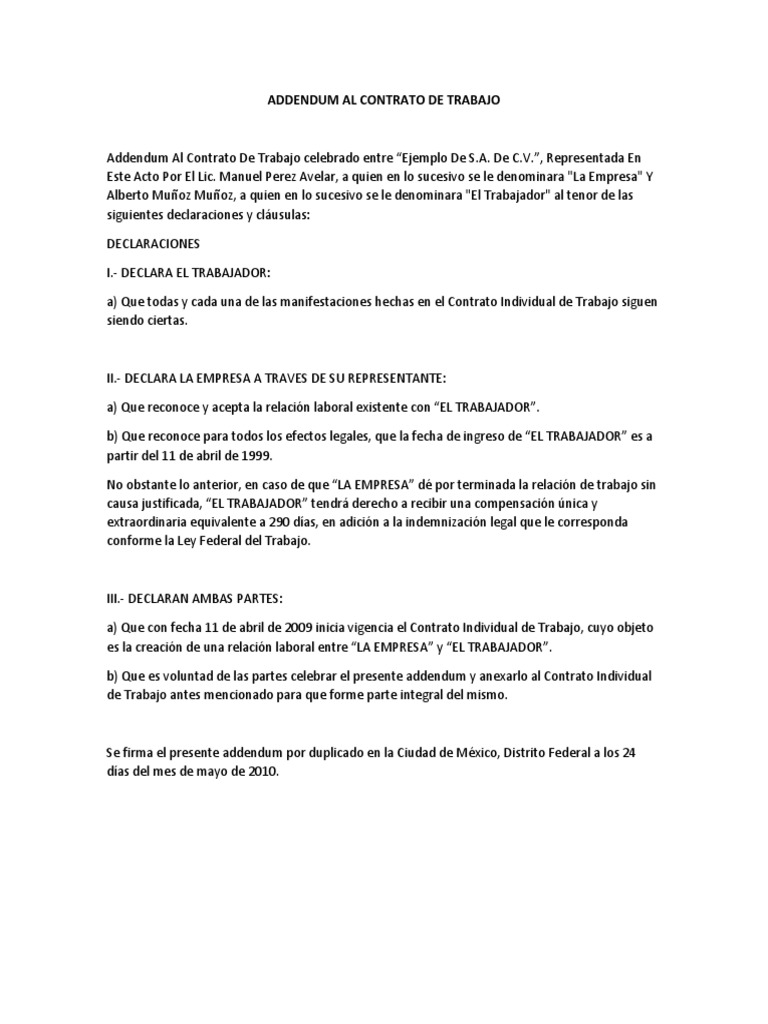 Addendum Al Contrato de Trabajo | PDF | Negocios | Finanzas y dinero