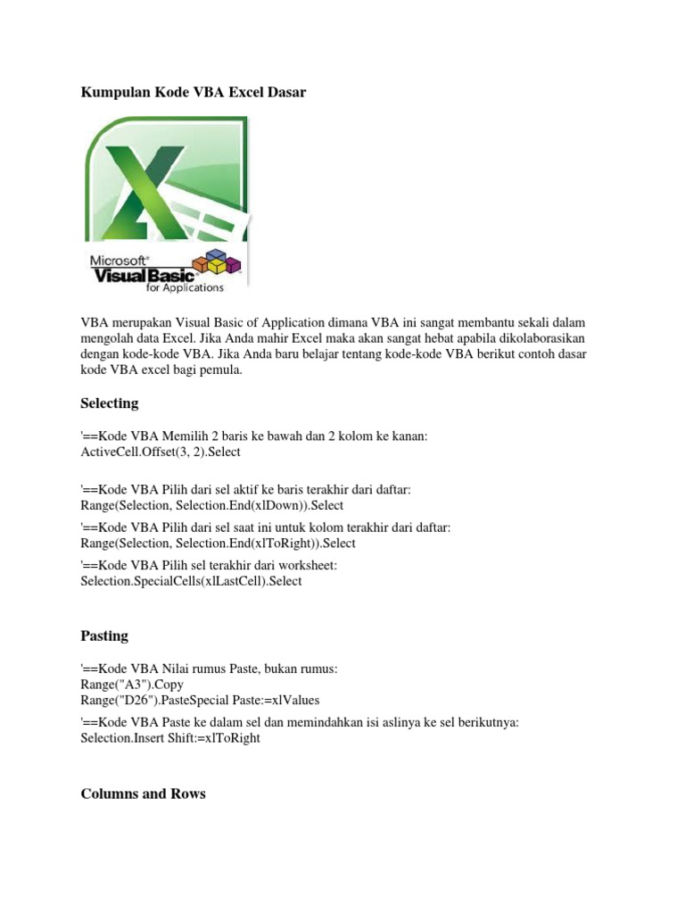 Kumpulan Kode VBA Excel Dasar | PDF