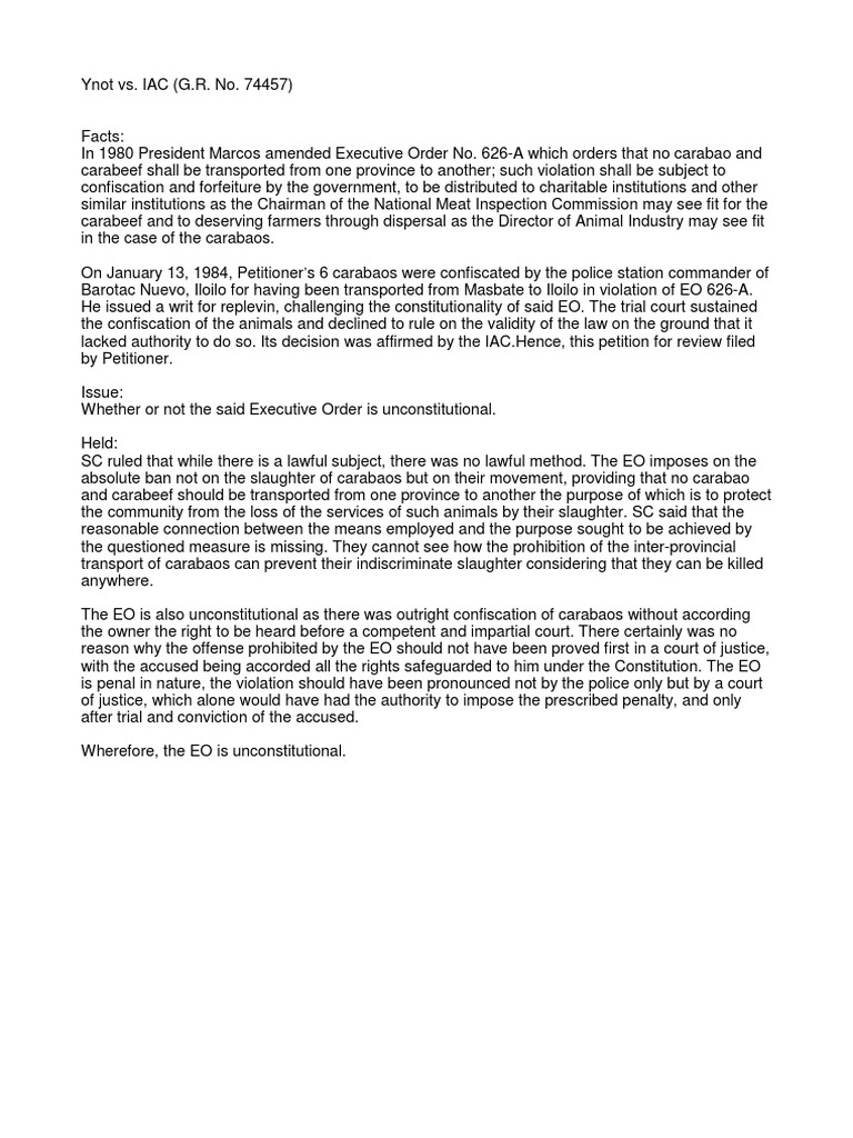 Ynot Vs Iac Case Digest | PDF | Animal Slaughter | Constitutionality