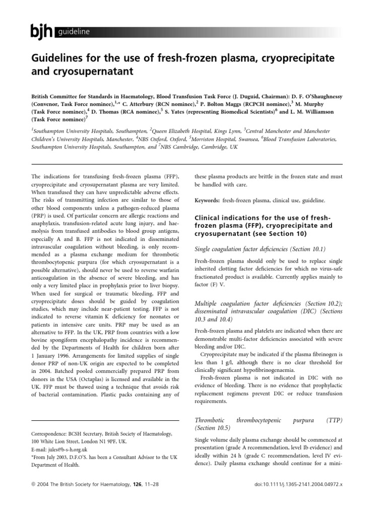 Guidelines For The Use of Fresh-Frozen Plasma, Cryoprecipitate | PDF ...