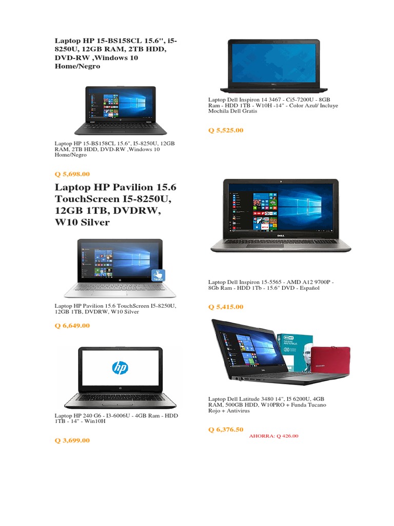 Comparison of laptop models and prices from various brands including HP ...