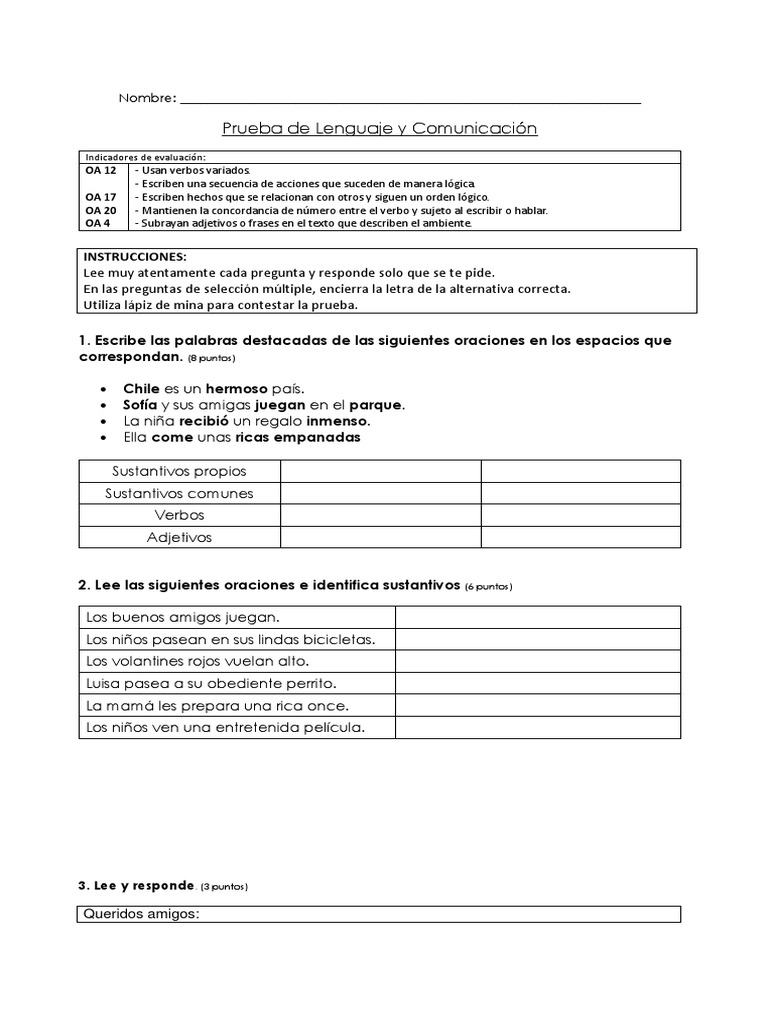 Prueba Lenguaje 4 Básico (Sustantivos, Adjetivos) | PDF | Adjetivo | Verbo