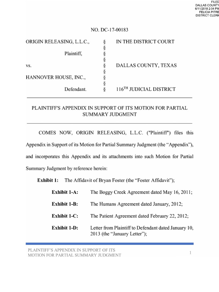 Hhse - Origin MSJ | PDF | Summary Judgment | Royalty Payment