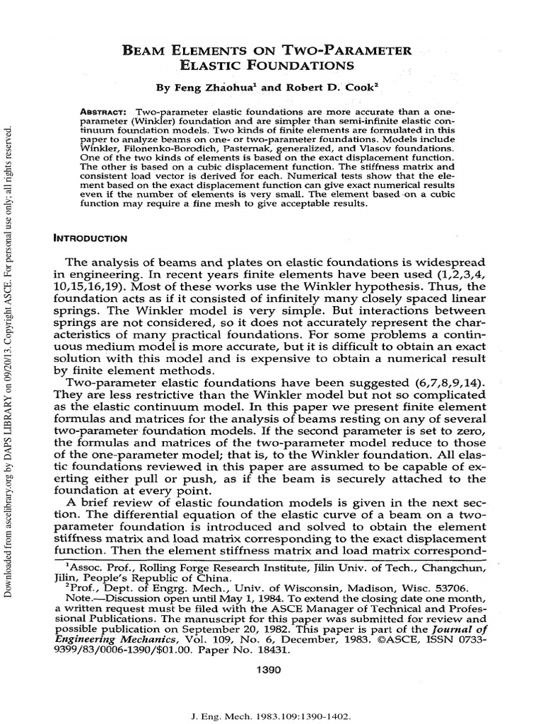 Zhaohua, Fend and Cook, Robert D. - Beam Elements On Two-Parameter Elastic Foundations | PDF ...
