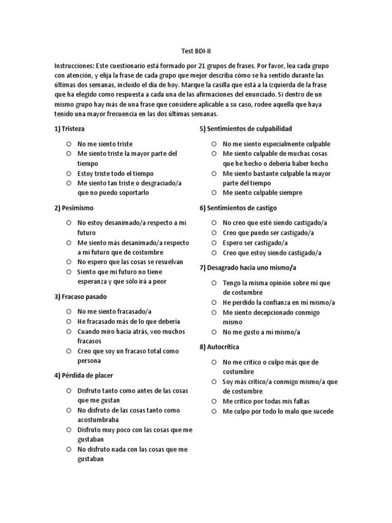 Cuestionario BDI-II para Depresión | PDF | Salud y bienestar