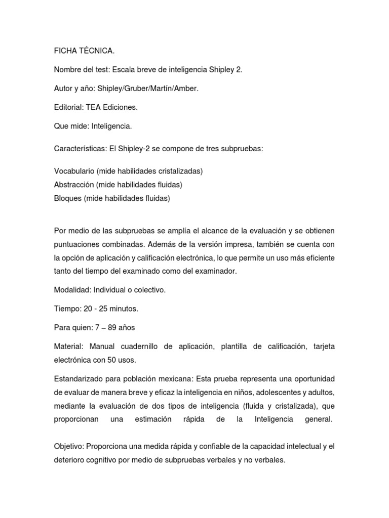 Ficha Técnica del Test Shipley-2 | PDF | Informática