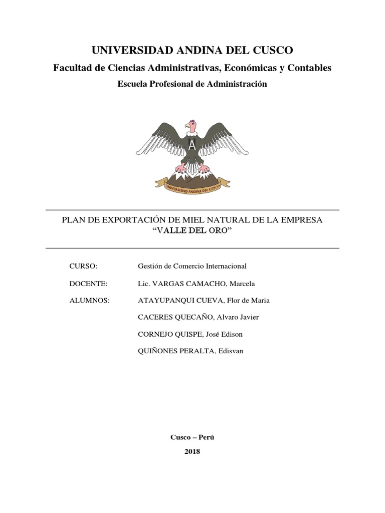 Trbajo Final Plan De Exportacion De Miel Natural Valle Del Oro Pdf