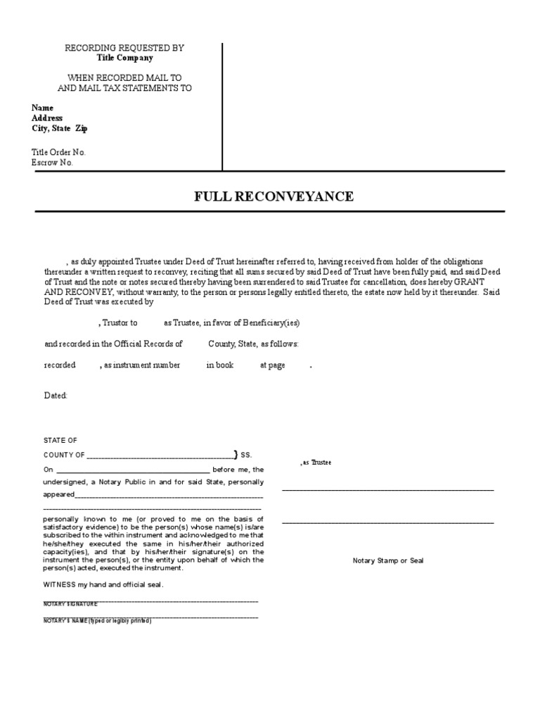 Deed of Reconveyance Sample (US format) | Deed | Deed Of Trust (Real ...