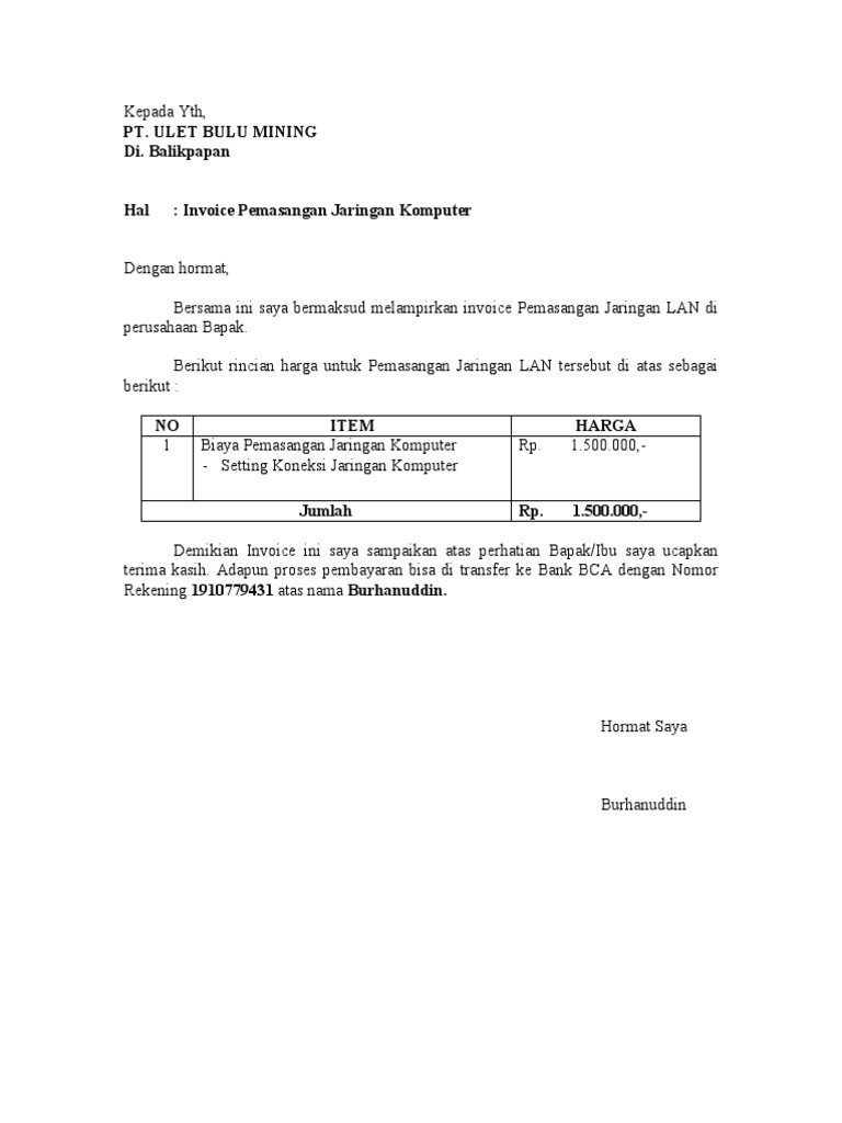 Invoice Surat Penawaran Pemasangan Instalasi Jarkom Di PT. UBM | PDF