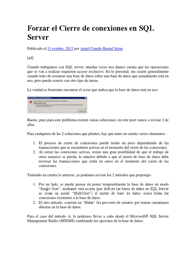 Forzar El Cierre de Conexiones en SQL Server | PDF | Servidor SQL de Microsoft | SQL