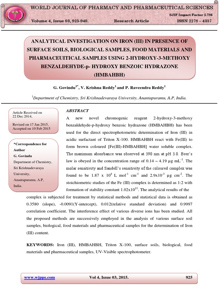 Iron (III) Analysis Using HMBAHBH Method | PDF | Iron | Ph