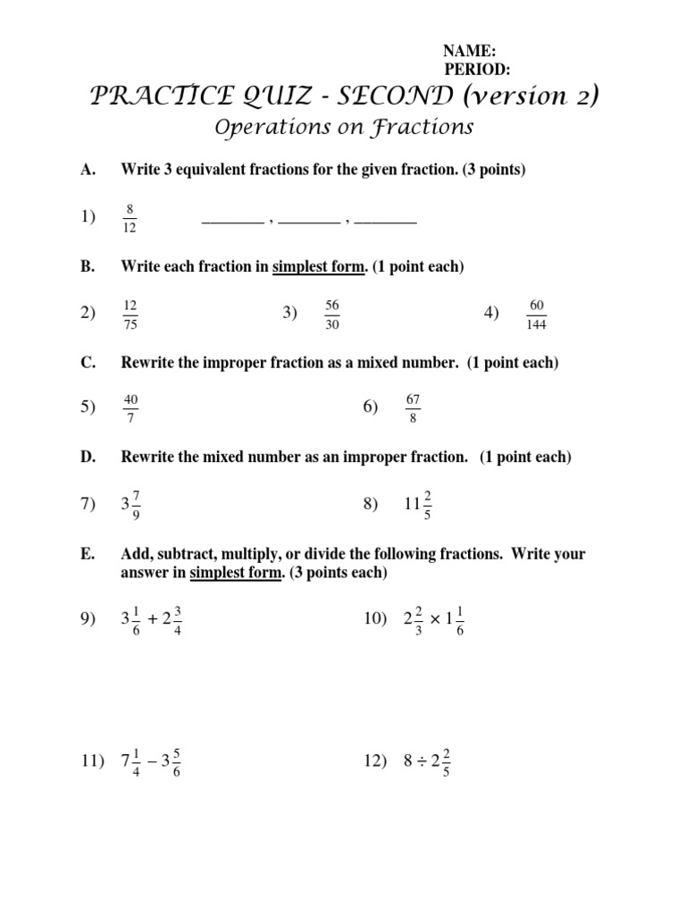 QUIZ 2 - Operations On Fractions - Second Quiz | PDF