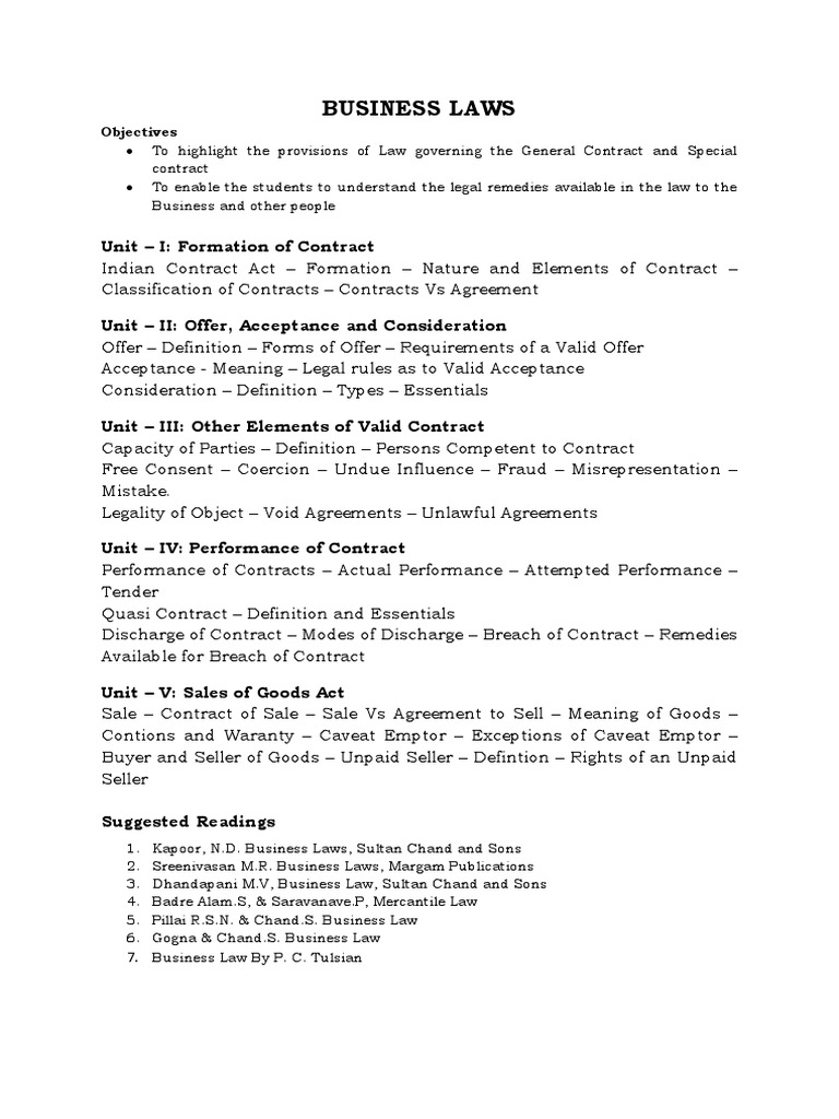 Business Law Syllabus - UNIVERSITY OF MADRAS - B.COM CA 2018 | PDF ...