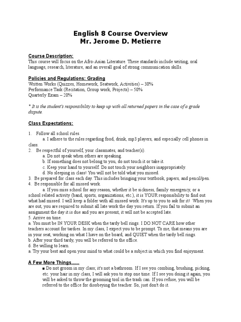 English 8 Course Overview | PDF | Behavior Modification