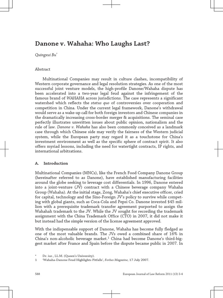 Danone-Wahaha Full Case Study PDF | PDF | Joint Venture | Arbitration