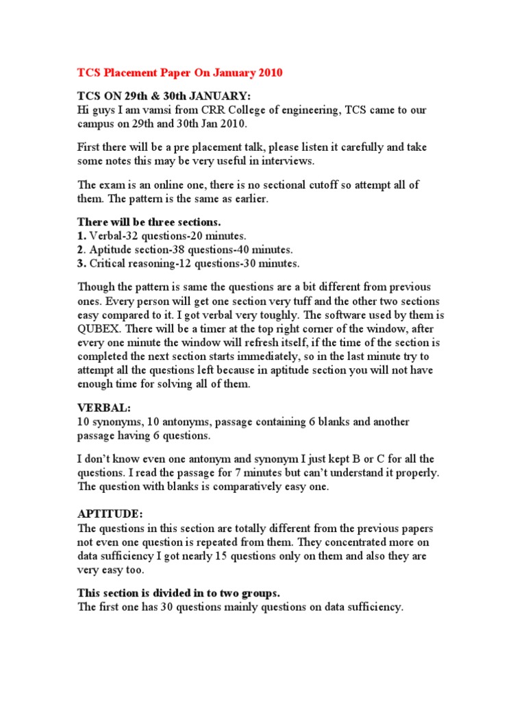 TCS Placement Paper Insights 2010 | PDF | Business