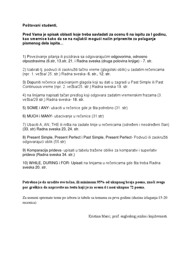 Smernice I Pitanja Za Pismeni Ispit Za Ocenu 6 I Diferencijalni Ispit | PDF