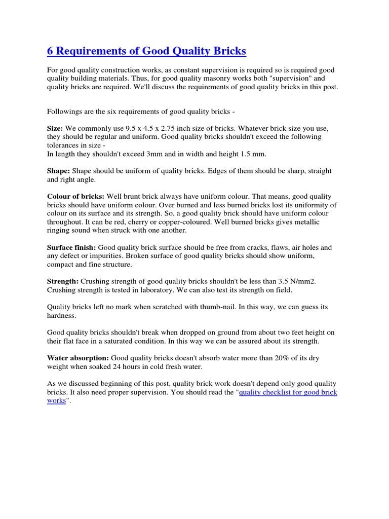 6 Requirements of Good Quality Bricks | PDF | Brick | Building Technology