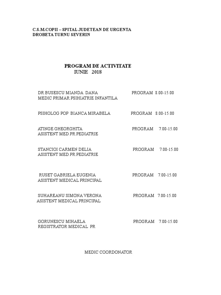 IUNIE 2018: Program de Activitate | PDF