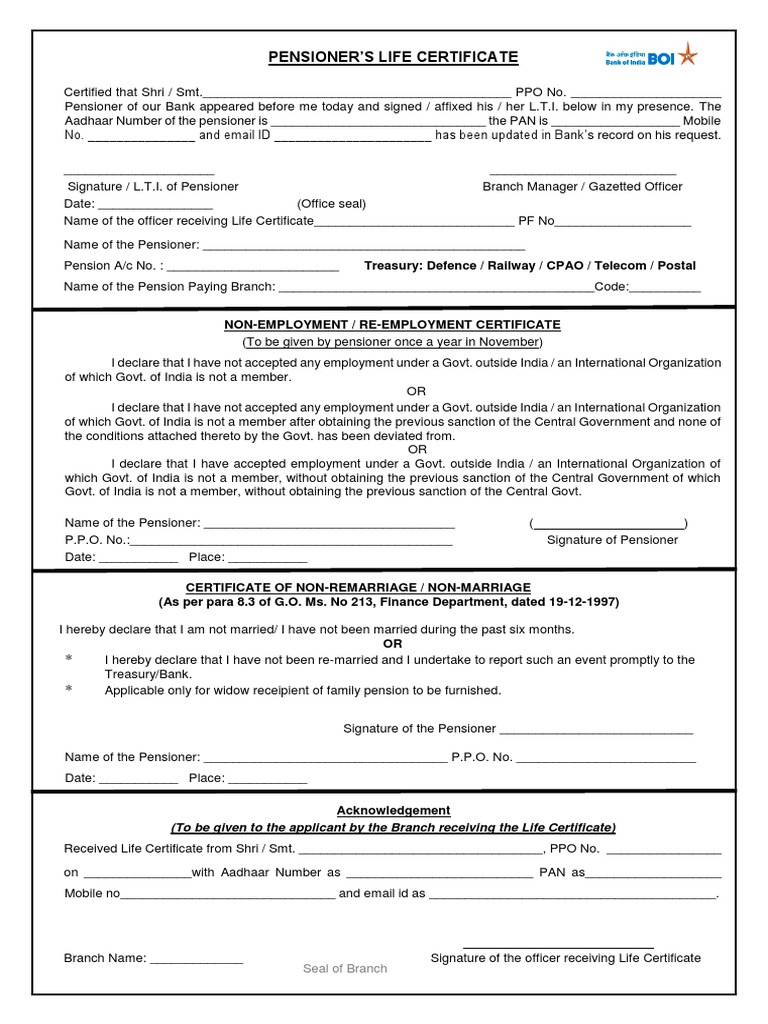 Pensioner's Life Certificate Form | PDF | Authentication | Economies