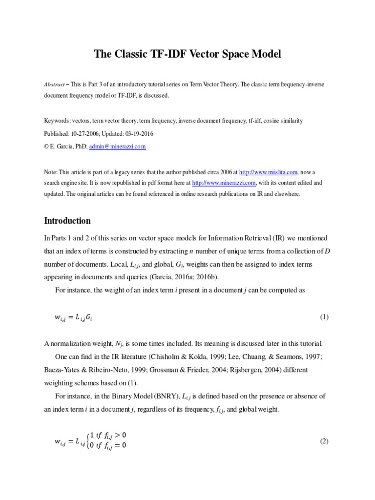 The Classic Tf Idf Vector Space Model Pdf Information Retrieval